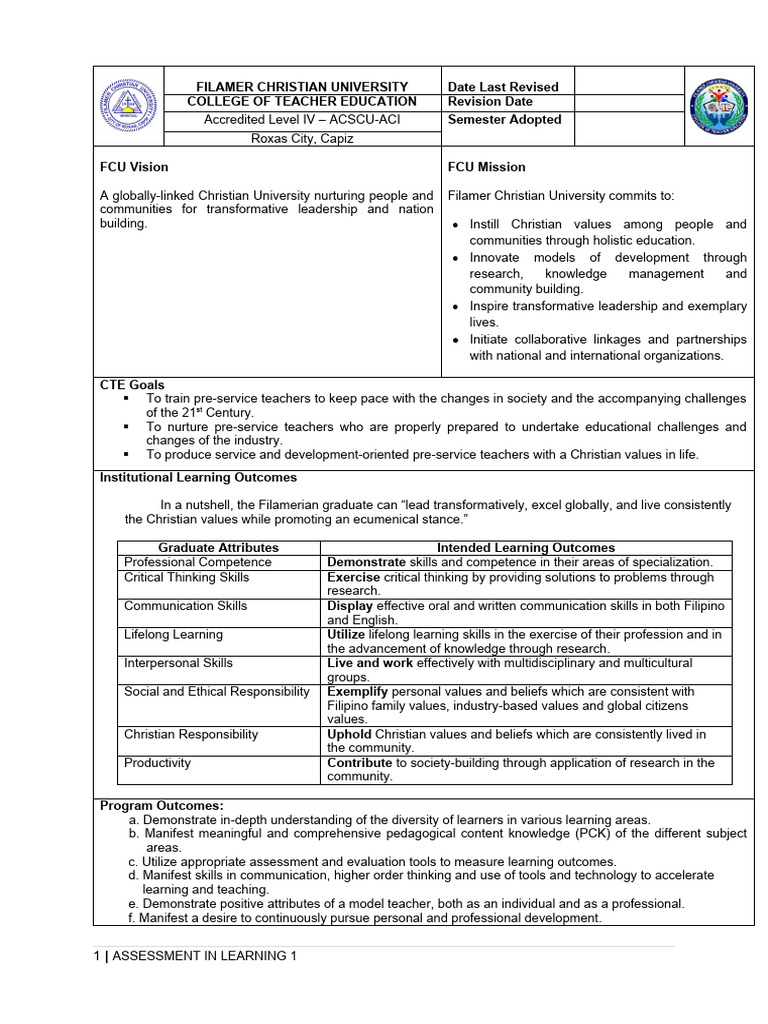 Assessment in Learning 1 Course Overview | PDF | Educational Assessment ...