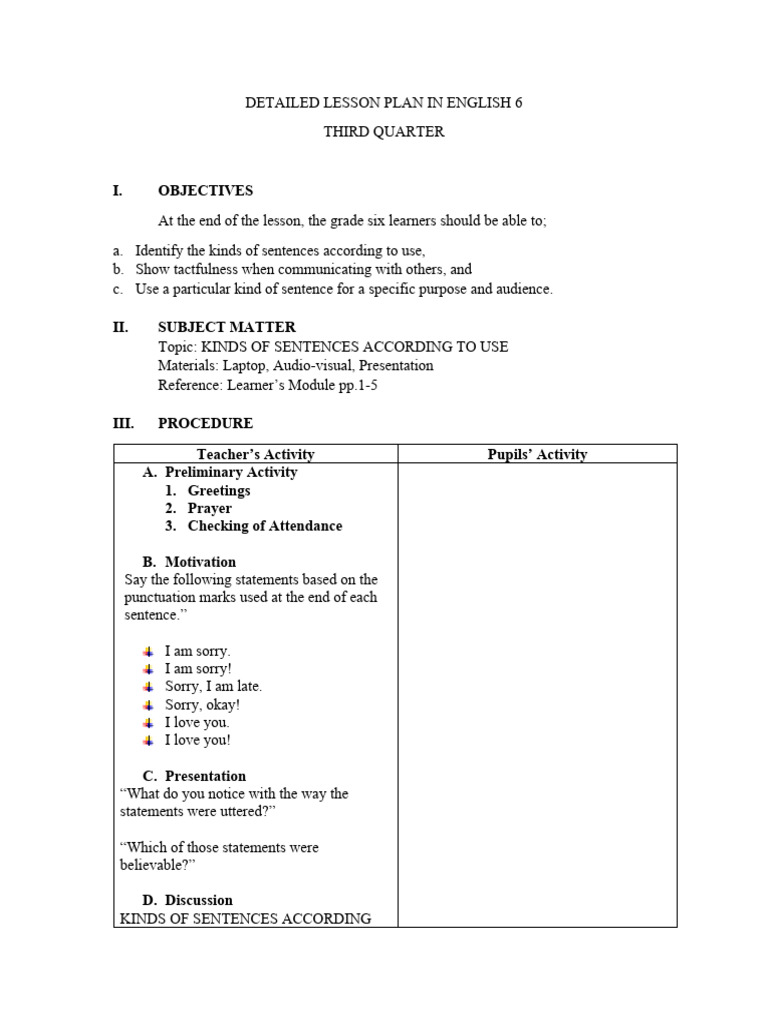 Detailed Lesson Plan in English 6 | PDF | Question | Sentence (Linguistics)