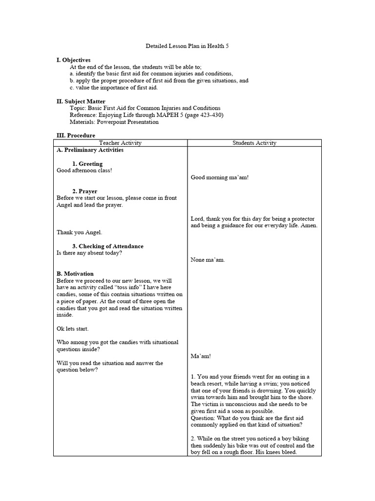 Detailed Lesson Plan in Health 5 | PDF | Burn | First Aid