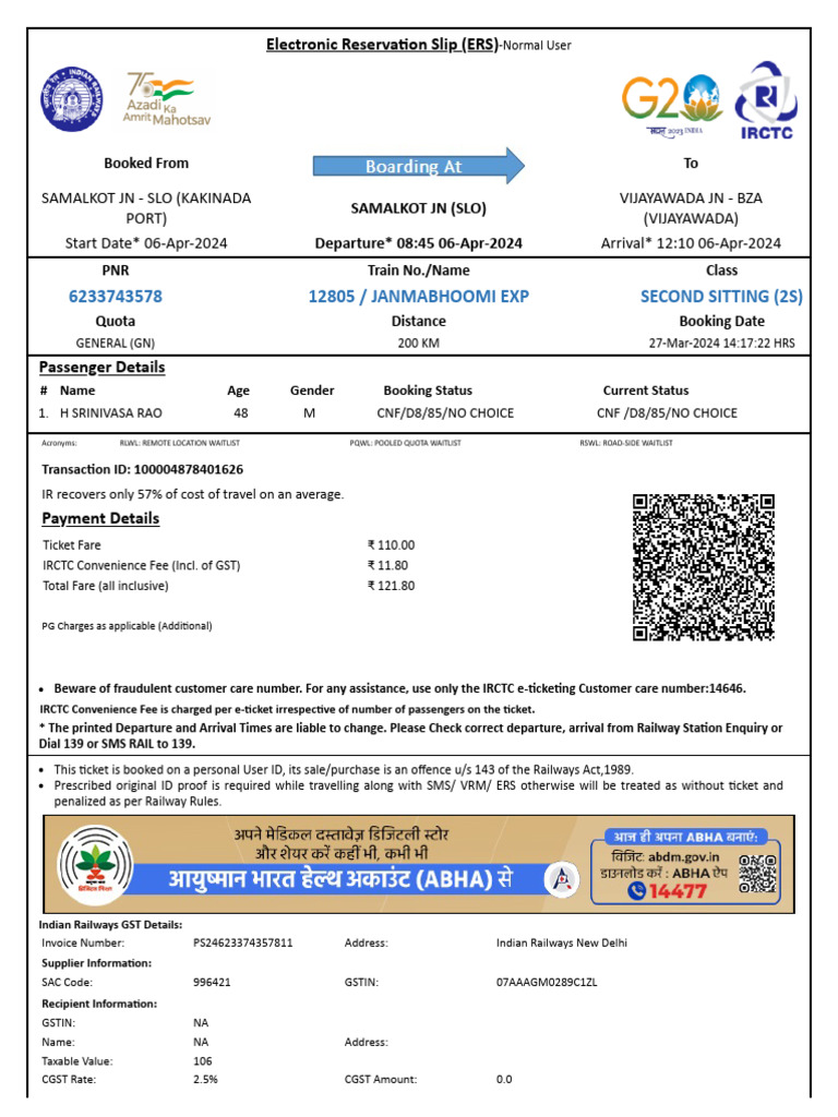 Janmabhoomi Exp Second Sitting (2S) : Electronic Reserva On Slip (ERS) | PDF | Identity Document