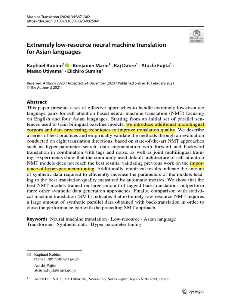 Extremely Low Resource Neural Machine Translation For Asian Languages | PDF | Computational ...