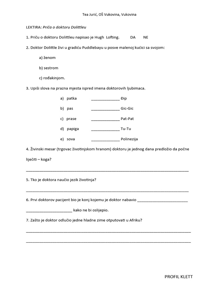 Lektira Dr Dollitle-2. r. Hj | PDF