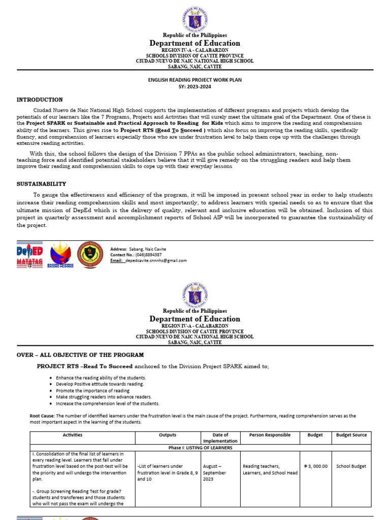 Workplan English Reading | PDF | Reading Comprehension | Learning