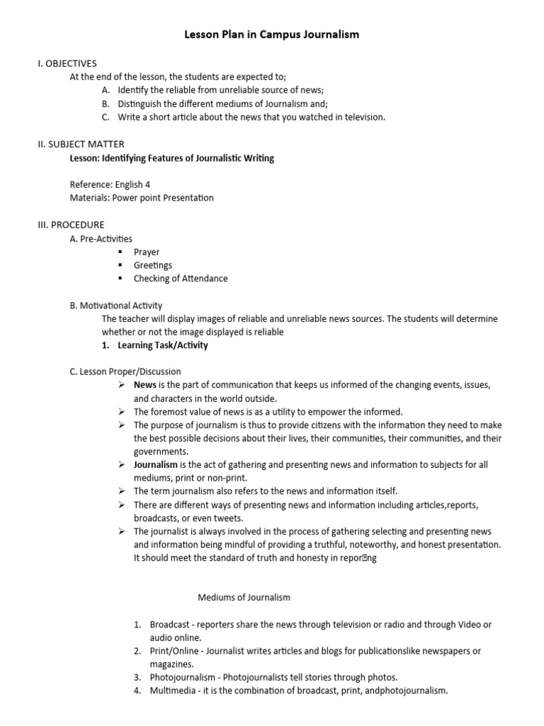 Lesson Plan in Campus Journalism | PDF | Journalism | News
