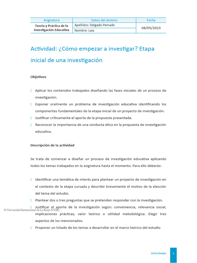 Actividad 1 Cómo Empezar A Investigar Etapa Inicial de Una ...