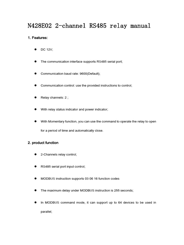 RS485 2-Channel Relay Manual | PDF | Office Equipment | Computer Science