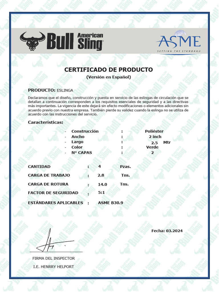 Certificado Eslinga Bull F5 2pulg 2C | PDF | Informática