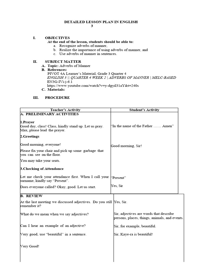 Adverbs of Manner Lesson Plan for Grade 3 | PDF | Adverb | Lesson Plan