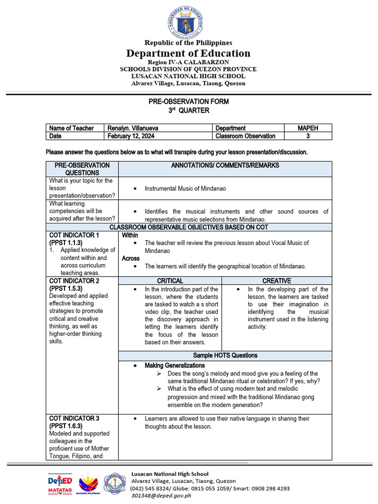 Pre-Observation-Form - Highly Proficient - Co3 | PDF | Learning | Teachers