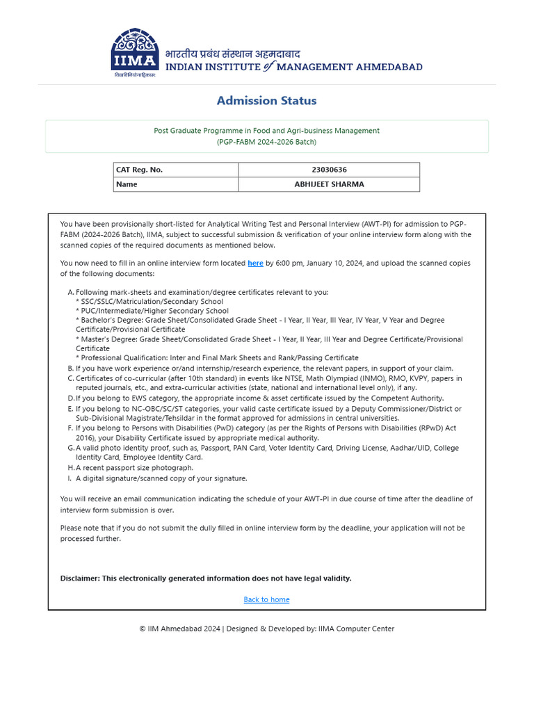 Pi Shortlist IIM Ahmedabad | PDF | Academic Degree | Educational Stages