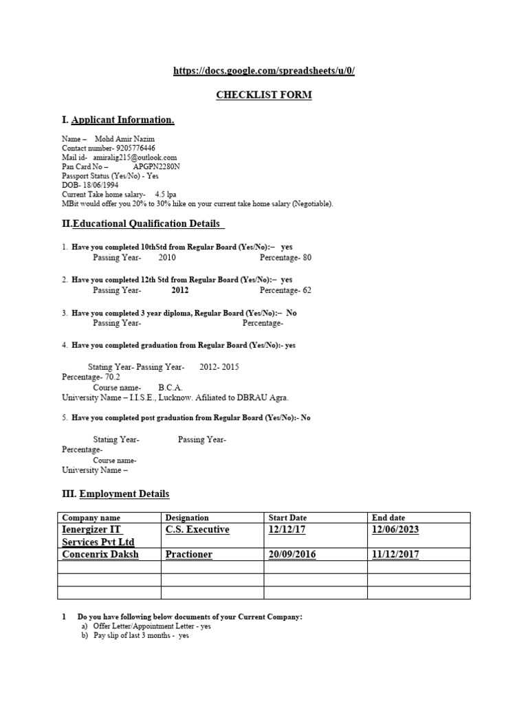 Checklist form for Mbit | PDF