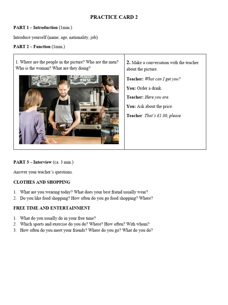 A1 Practice Card 2 | PDF | Lifestyle