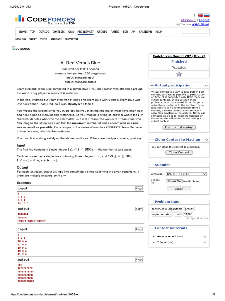 Problem - 1659A - Codeforces | PDF | String (Computer Science) | Computer Engineering