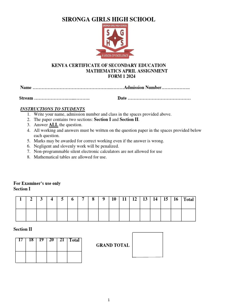 Form 1 Math Assignment 2024 | PDF | Arithmetic | Mathematics