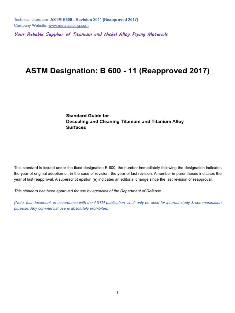 Astm-B600-2011-Reapproved-2017 (Standard Guide For Descaling and ...
