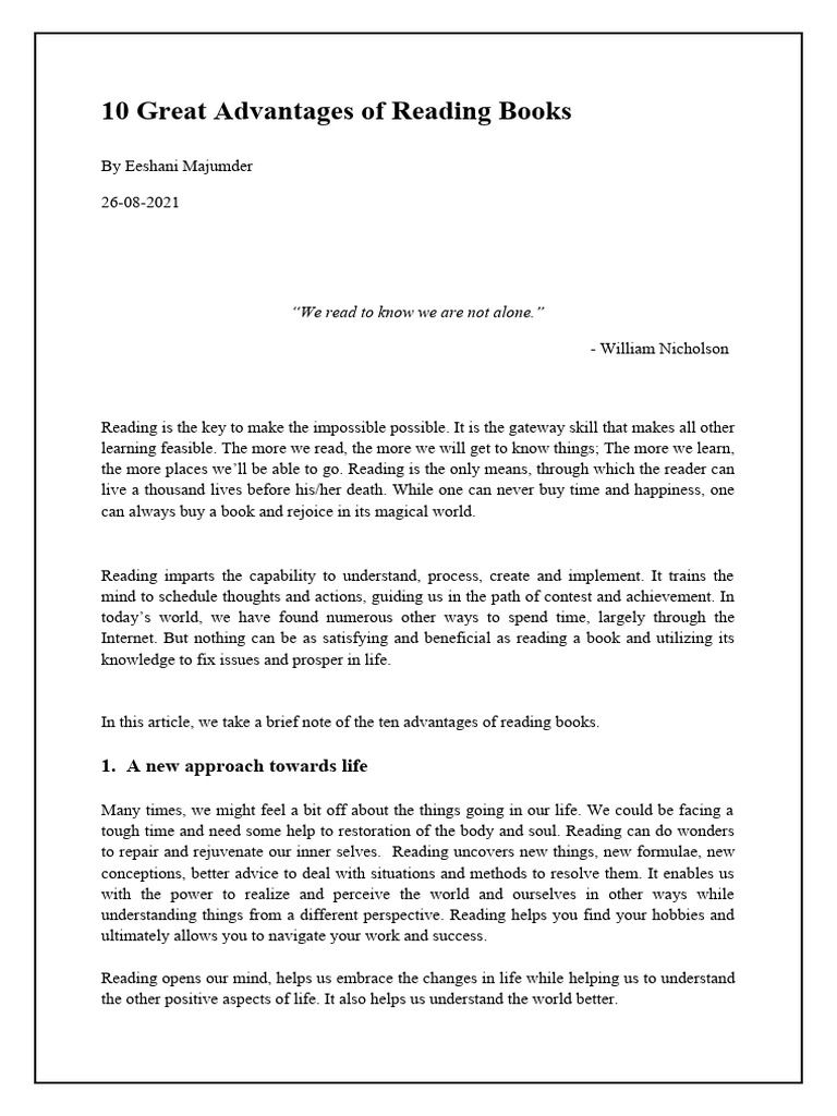 10 Great Advantages of Reading Books | PDF | Thought | Mind