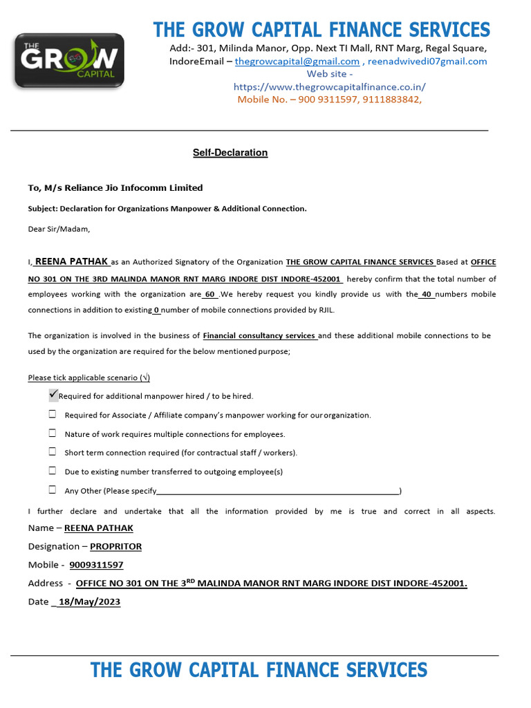 Manpower Self Declaration For Mobile Connections Format On Letter Head ...