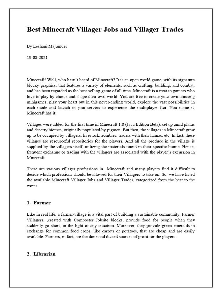 Best Minecraft Villager Jobs and Villager Trades | PDF | Minecraft ...