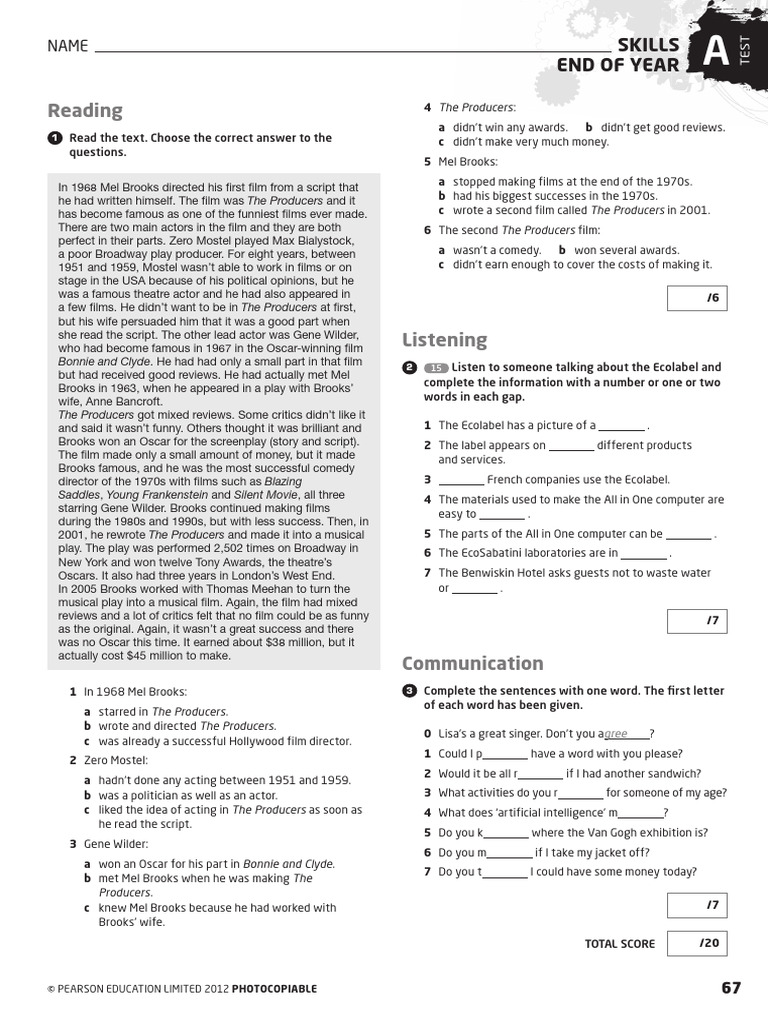 Test A End of Year Skills | PDF
