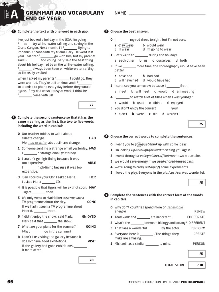 End of Year Grammar Test | PDF