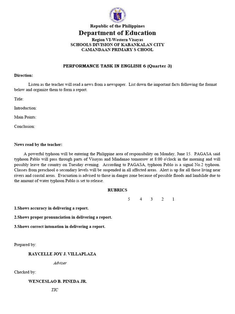 English 6 Performance Task Guide | PDF