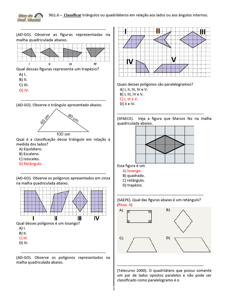 Observe As Figuras Representadas Na Malha Quadriculada Abaixo | PDF | Triângulo | Geometria ...