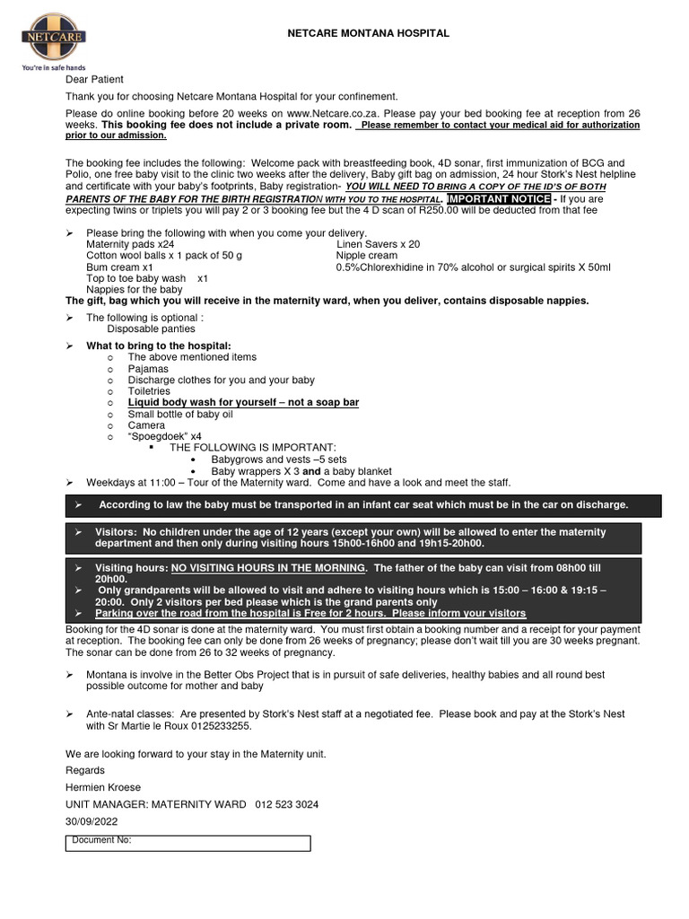 what to bring to hospital info letter iso ready | PDF | Childbirth ...