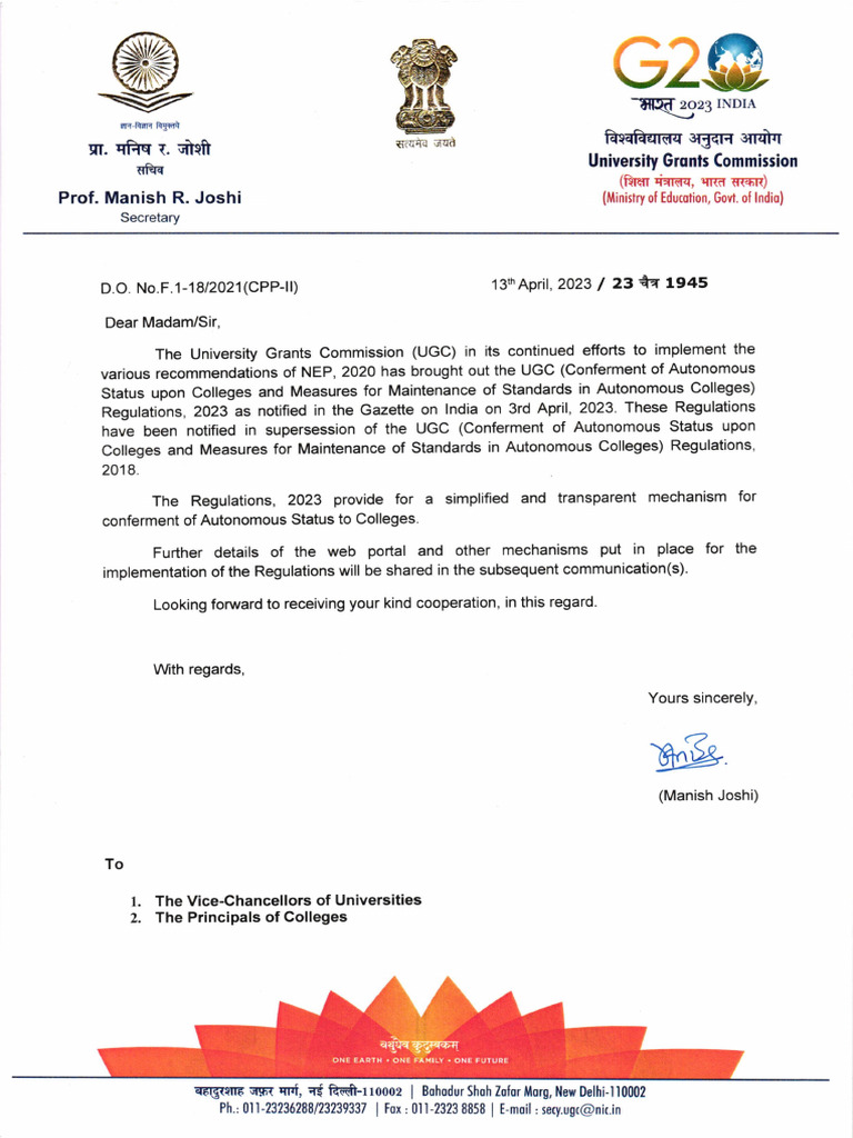 UGC Letter Dated 13-04-2023 Regarding UGC Regulations 2023 For Autonomous Colleges | PDF ...