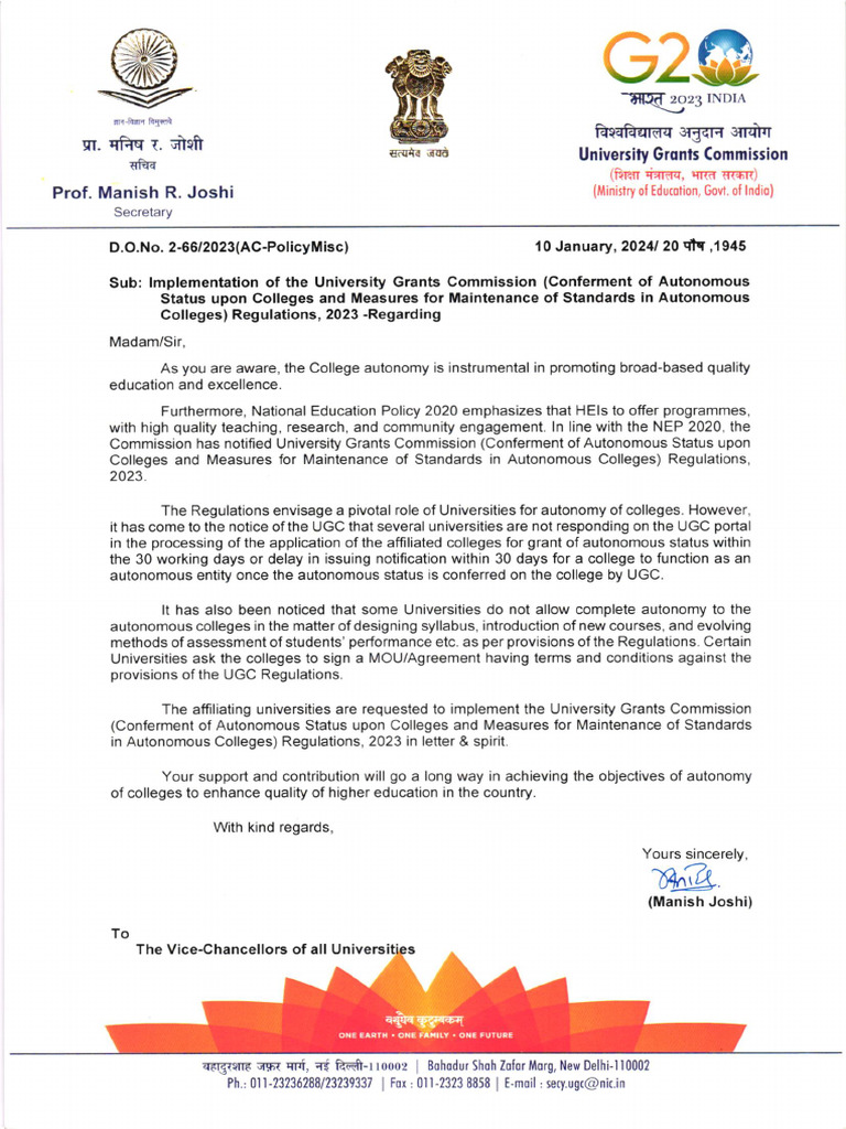 Ugc Letter Regarding Implementation of The Ugc Confrerment of Autonomous Regulations 2023 10-01 ...