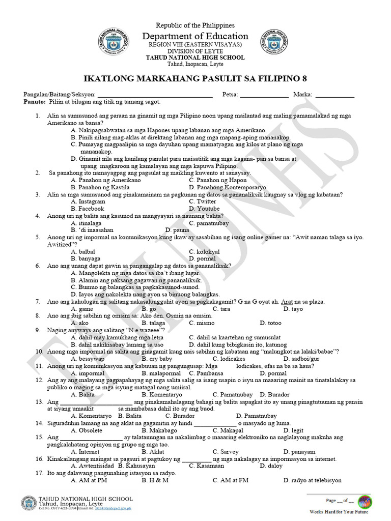 Q3 - Test Question - Filipino 8 | PDF
