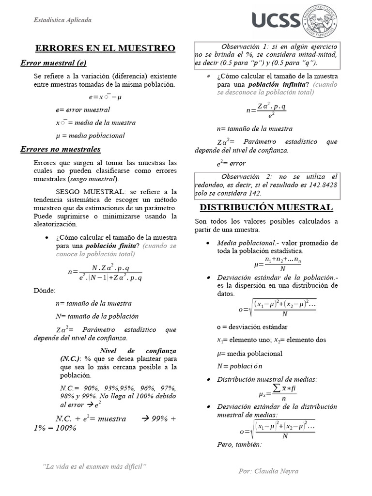 Formulario de Estadística Aplicada | PDF | Intervalo de confianza | Muestreo (Estadísticas)