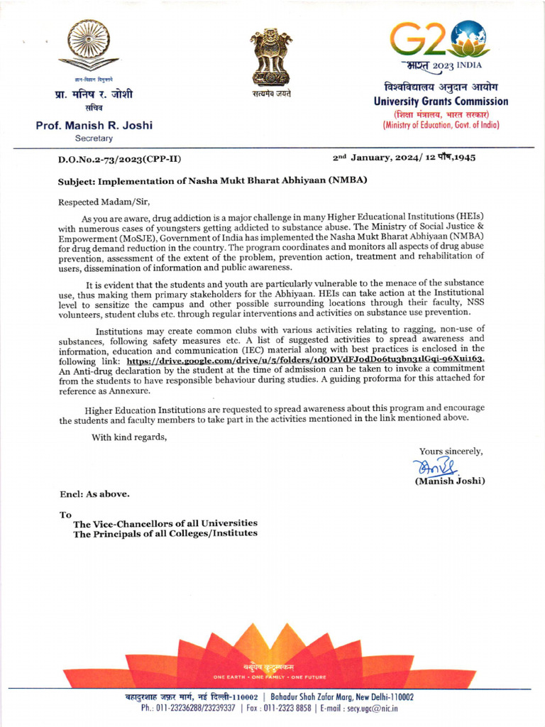 UGC Letter DT 02-01-2024 Reg Anti-Drug Declaration by The Student | PDF