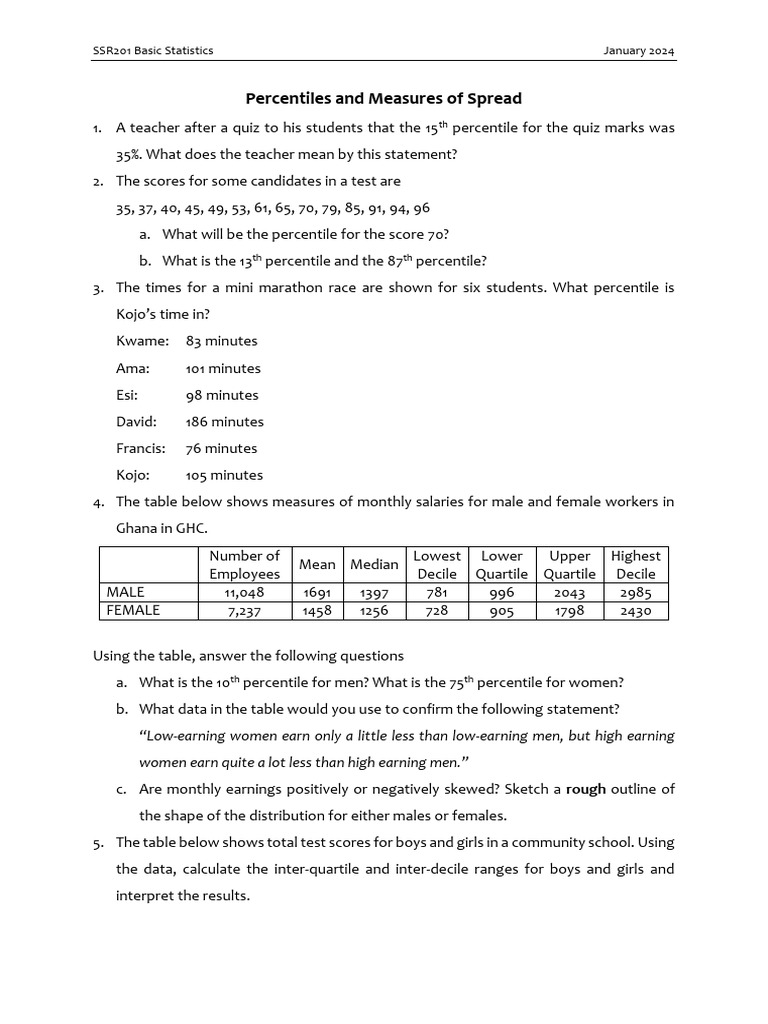 Tutorial 3 Percentiles And Measures Of Spread Handout Pdf Percentile