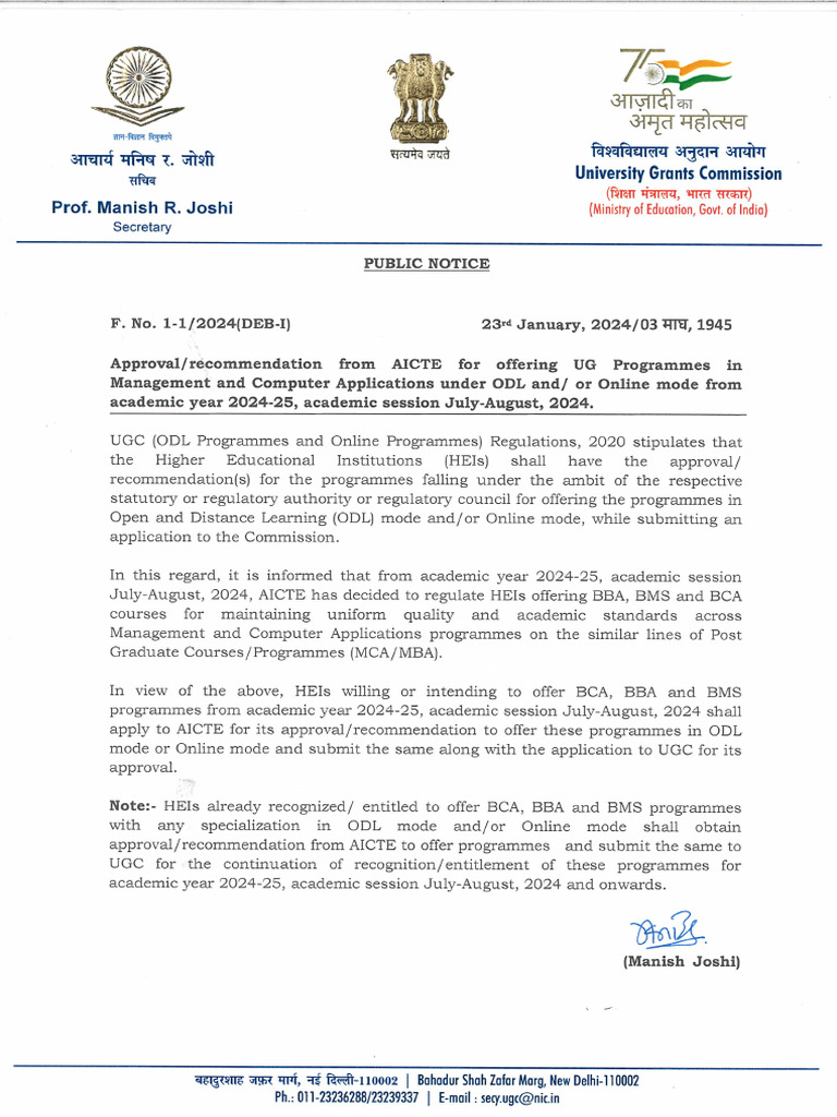 UGC - Public Notice Dated 23-01-2024 - Approval-Recommendation From ...