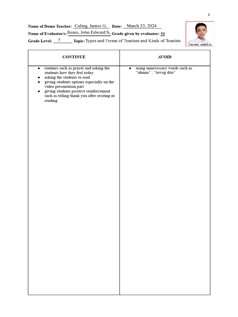 Form 2 Caling Continue-Avoid Form | PDF