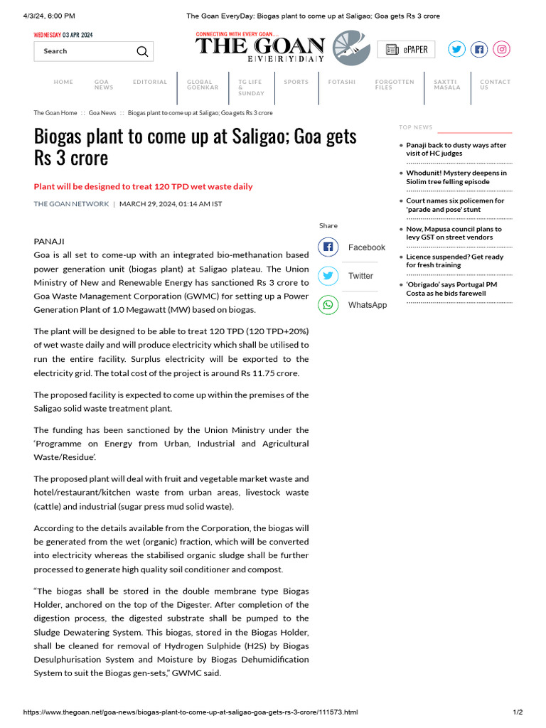 Biogas Plant To Come Up at Saligao Goa Gets Rs 3 Crore | PDF | Biogas ...