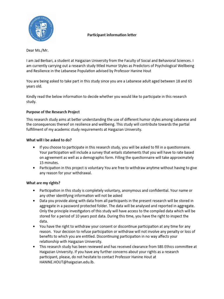 Participant Information Letter Jad | PDF | Psychological Resilience | Behavioural Sciences