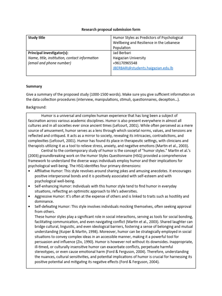 Research Proposal Submission Form Jad Berberi | PDF | Humour | Sample ...