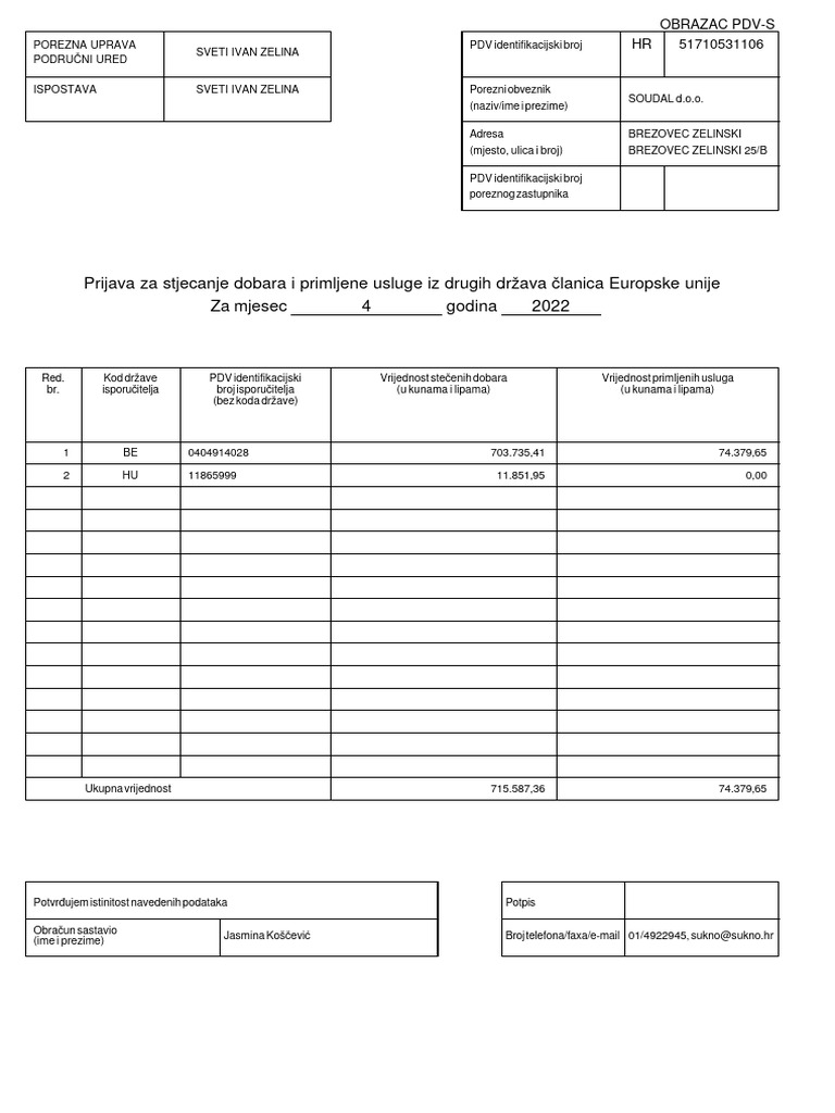 Obrazac PDV-S 4 | PDF
