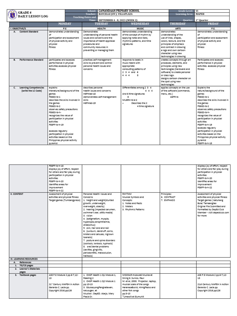 DLL - Mapeh 6 - Q1 - W2 | PDF | Rhythm | Learning