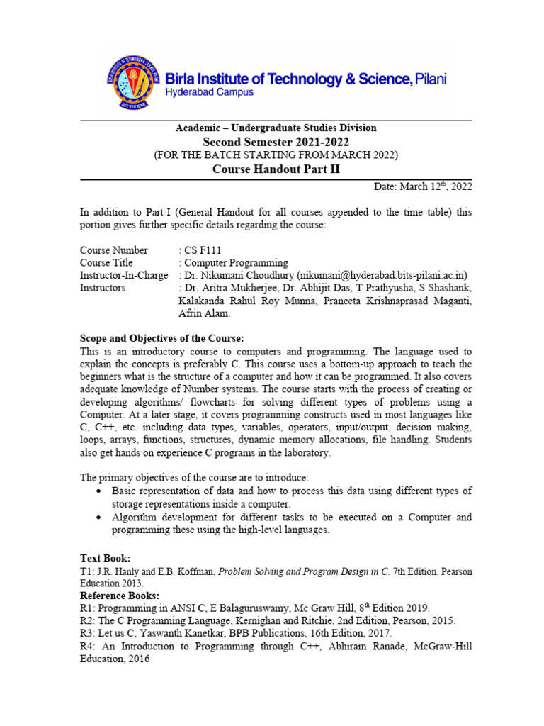 CS F111 - Handout-Nikumani | PDF | Computer Programming | Computing