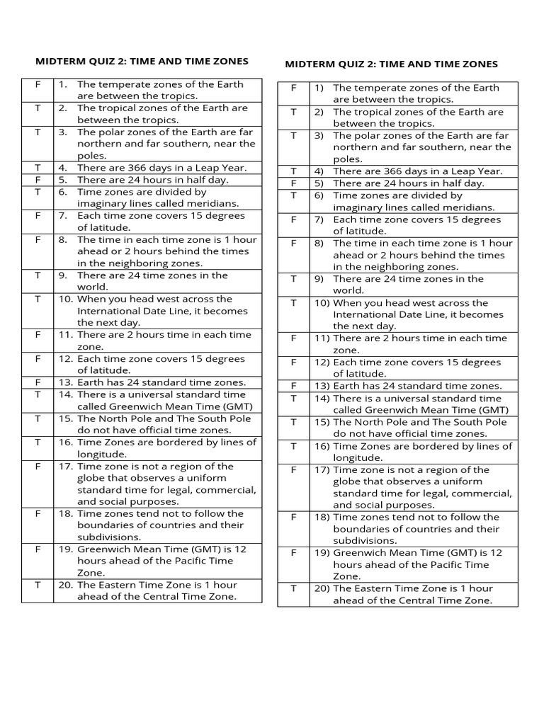Time Zones and Earth's Zones Quiz | PDF | Greenwich Mean Time | Geodesy