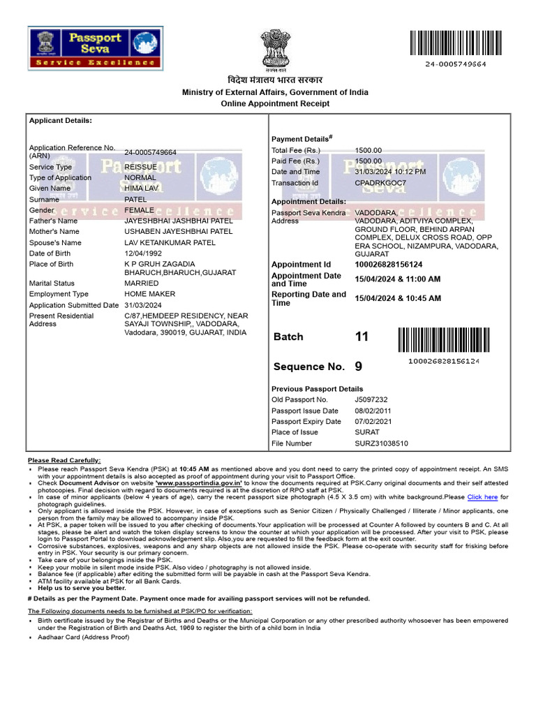 Appointment Receipt | Download Free PDF | Identity Document | Passport