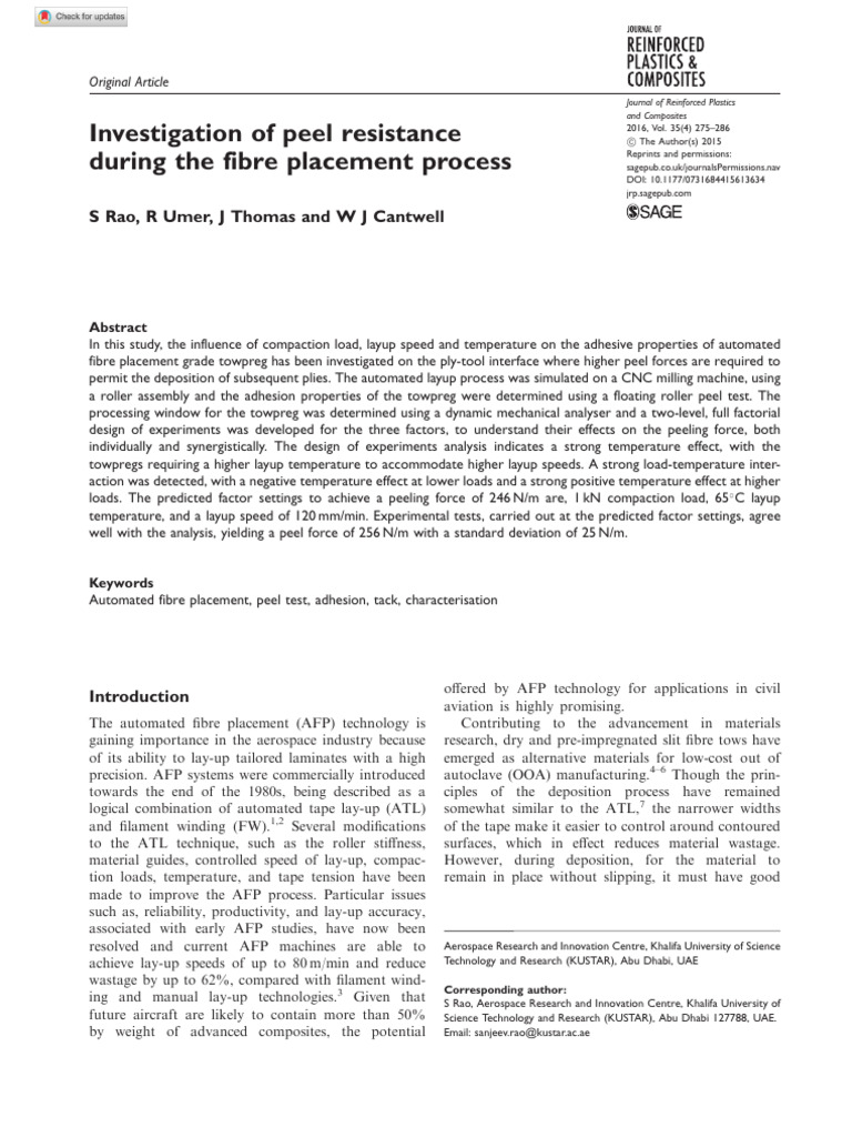 Rao Et Al 2015 Investigation of Peel Resistance During The Fibre Placement Process | PDF ...