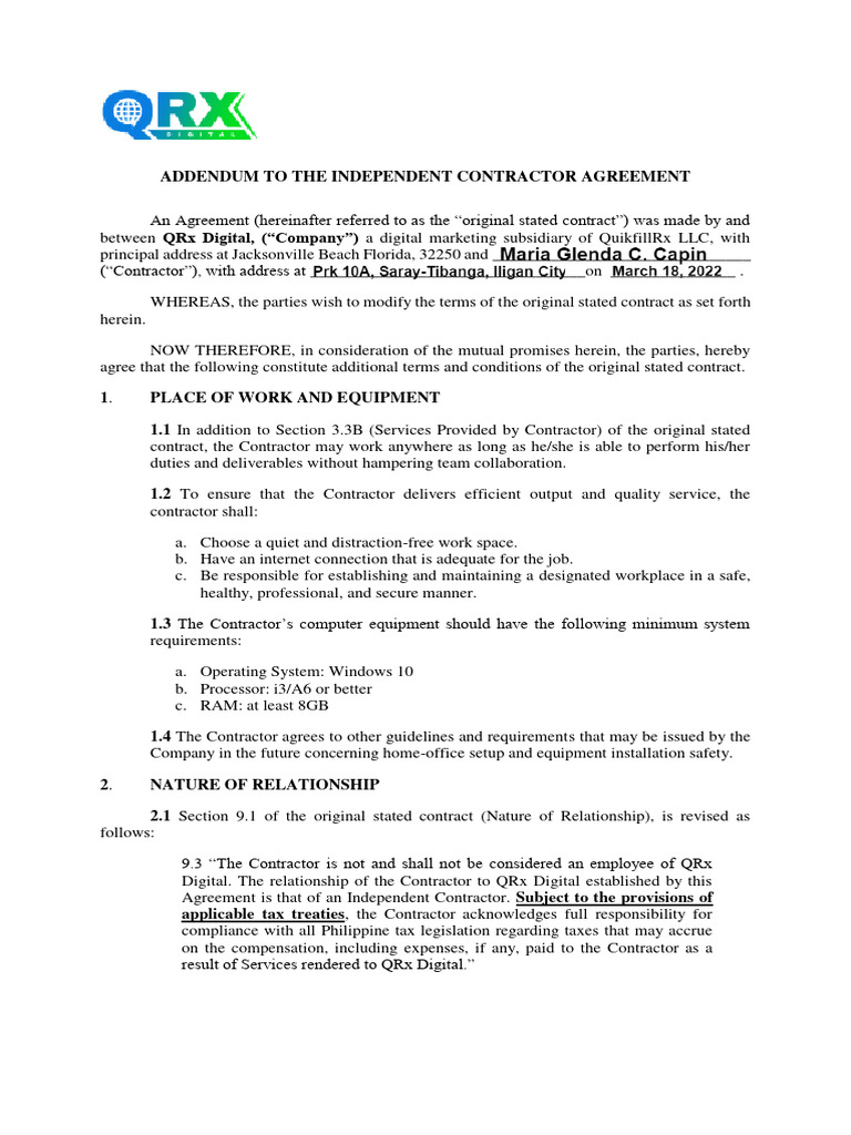 Revised Addendum To Contract | PDF | Employment | Information