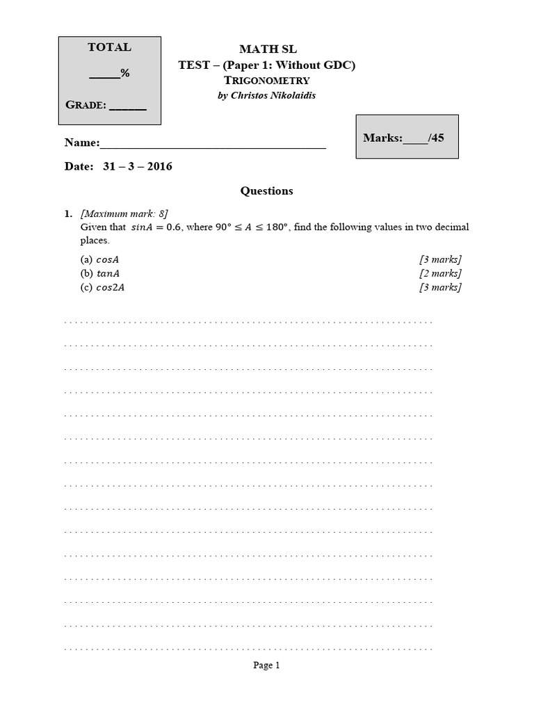 Trigonometry Test Paper 1 (No GDC) | PDF | Mathematical Concepts ...