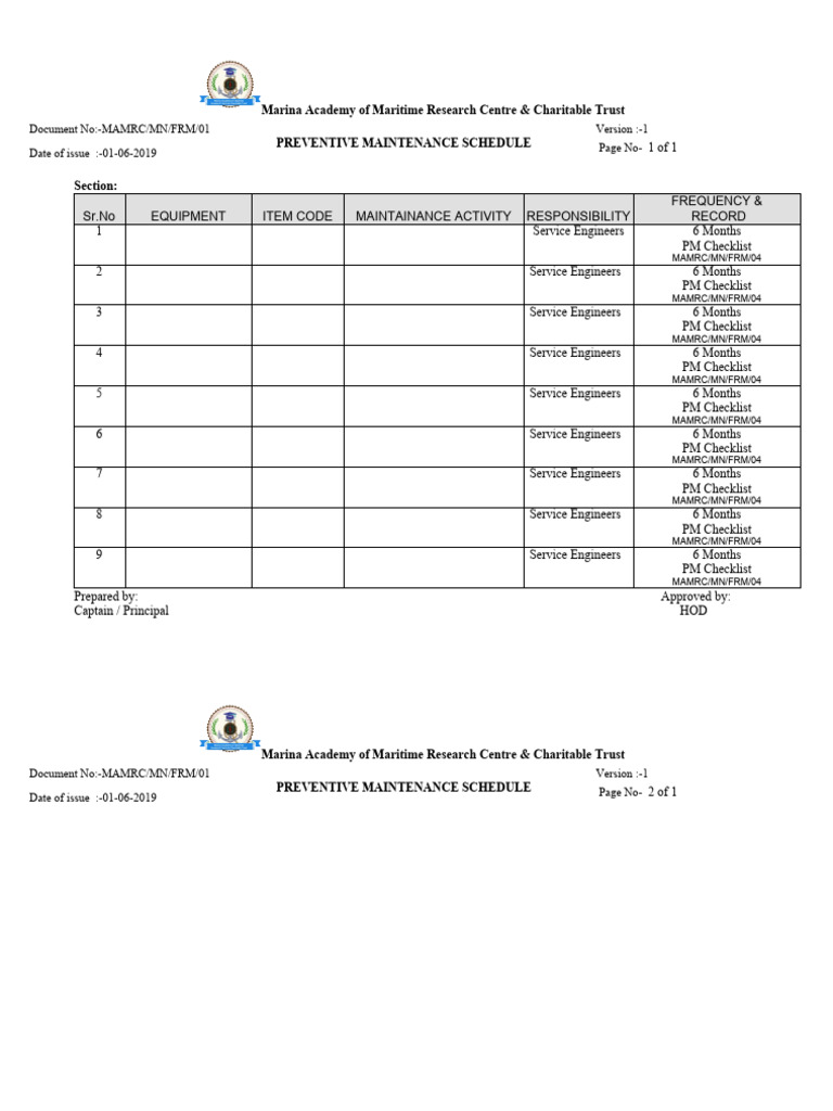 Preventive Maintenance Schedule MAMRC | PDF