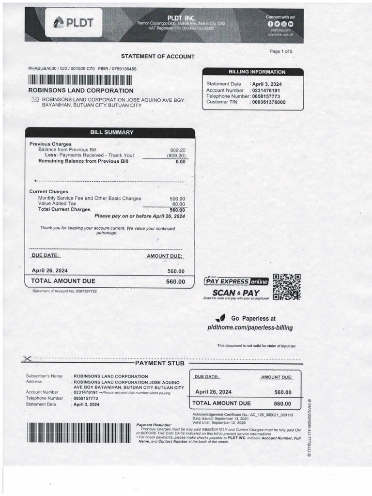 PLDT SOA For The Month of April 2024 With Account Number 0231478191 and ...