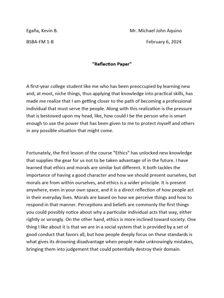 EGAÑA, KEVIN B Ethics Reflection | PDF | Morality | Social Psychology