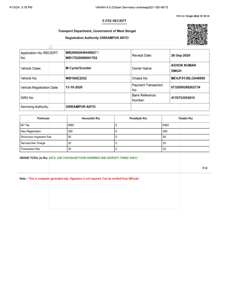 VAHAN 4.0 (Citizen Services) Onlineapp02 150 8013 GF | PDF | Receipt ...